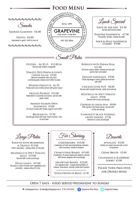 Grapevine Food Menu | Grapevine