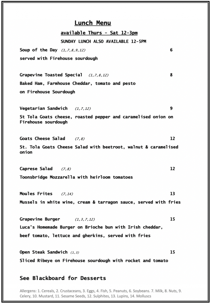 Lunch Menu Grapevine | Grapevine