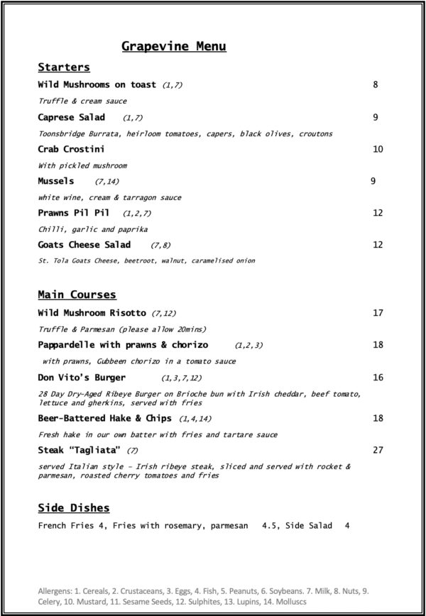 Grapevine Menu | Grapevine